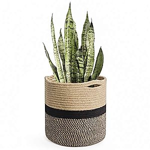 TIMEYARD Sturdy Jute Rope Plant Basket Modern Woven Basket for 10" Flower Pot Floor Indoor Planters, 11” x 11” Storage Organizer Basket Rustic Home Decor, Black and Beige Stripes