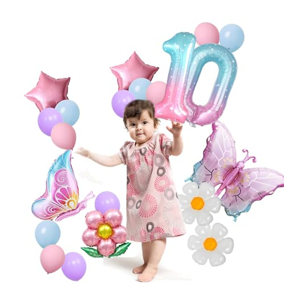 17pcs Girl's Ten Birthday Digital Butterfly Balloon Set Colorful Gradient Pink Butterfly Foil Balloon Giant Number 10 Balloon Flower Party Decorations