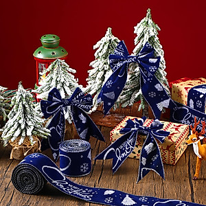 2 Rolls Christmas Wired Ribbon - Red, Green, Navy Blue, Merry Golden Silver for Gift Wrapping - Velvet Fabric for Xmas Home Decoration DIY Crafts, 2.5 Inch (Navy Blue, 10 Yards)