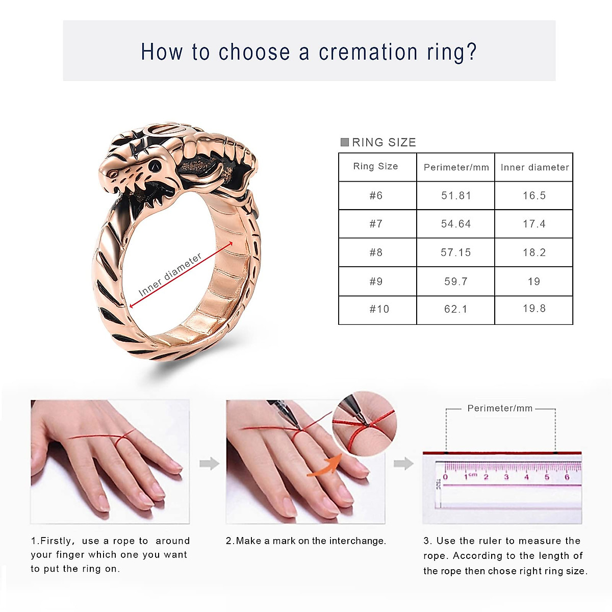 Ouroboros Cremation Urn Ring for Ashes Memorial Cremation Jewelry for Loved One Ashes Holder Keepsake Ring for Men Women(Rose Gold 6)