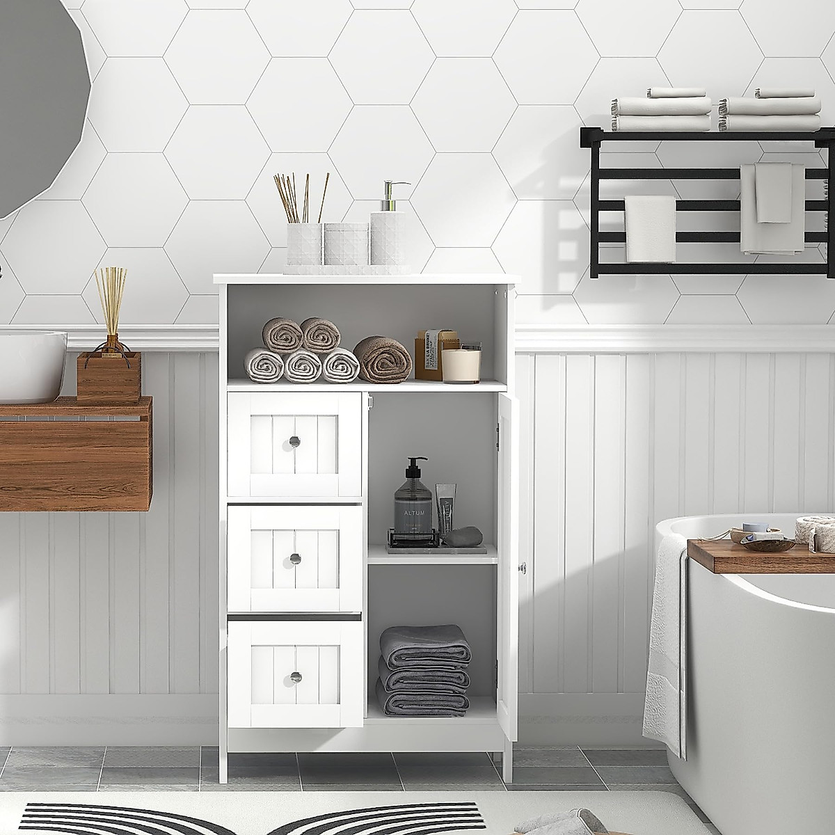 OQSC 39.4 Tall White Bathroom Floor Cabinet Freestanding Storage Cabinet Side Storage Organizer with 3 Drawers&1 Cupboard&1 Shelf for Bathroom Living Room Entryway