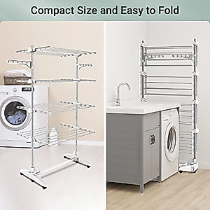 Todeco Laundry Drying Rack, 4 Tier Collapsible Metal Clothes Horses with Two Side Wings, Heavy Duty Clothes Drying Rack Use for Laundry, White