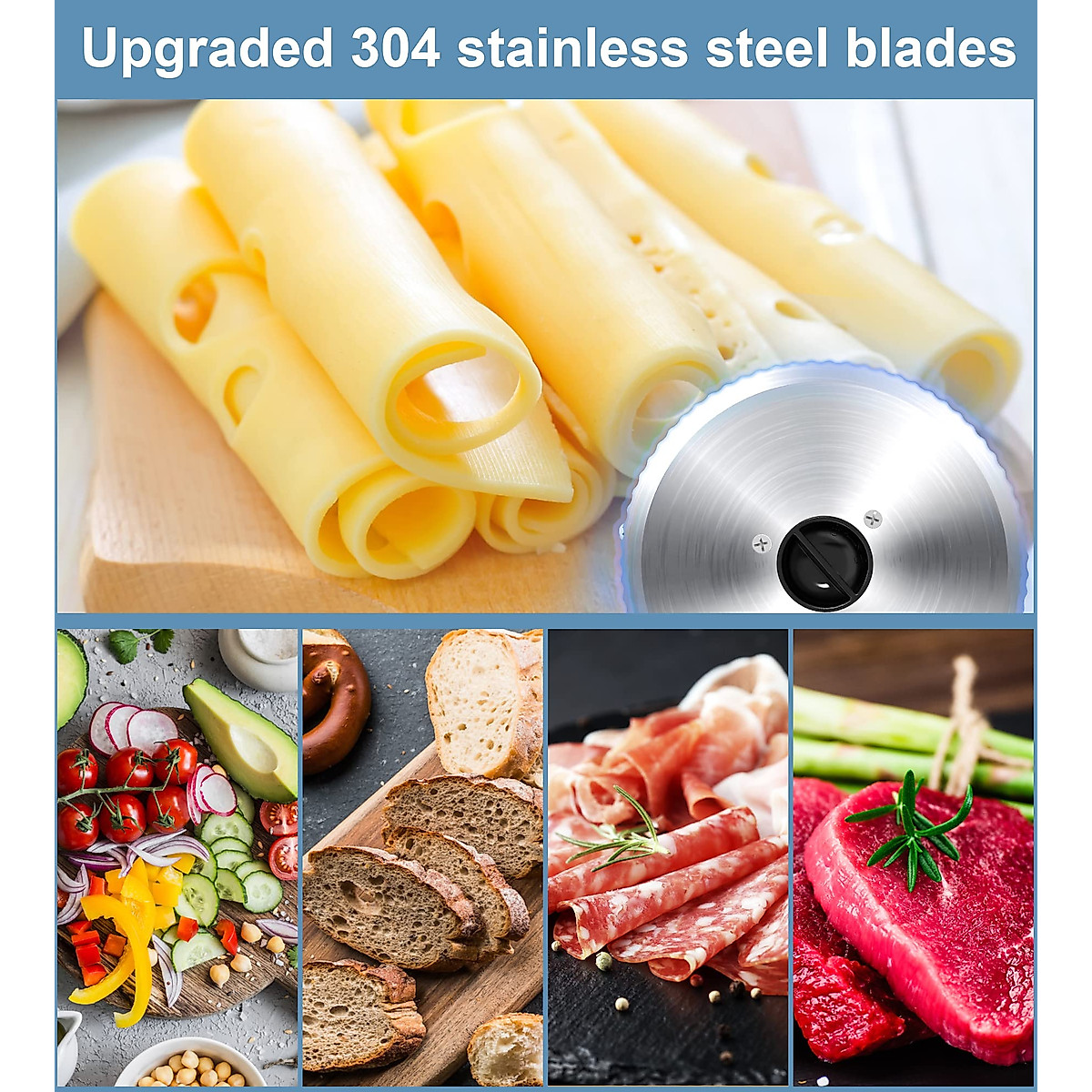 Meat Slicer, Electric Deli Meat Slicer for Home Facelle, 0-18mm Adjustable Thickness Electric Food Slicer Machine with Removable Stainless Steel Blades, Foldable and easy to store