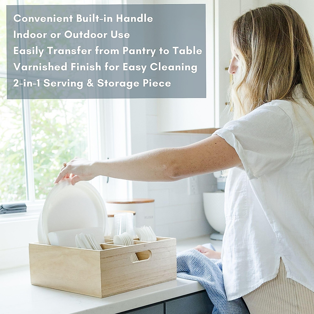 Large Wooden Silverware Caddy For Party, Holds Plates, Napkins, Cups, Forks, Spoons, and Knives, Utensil Holder for Party, Hosting Essentials, Cutlery Holder for Party, Flatware Caddy, Utensil Caddy