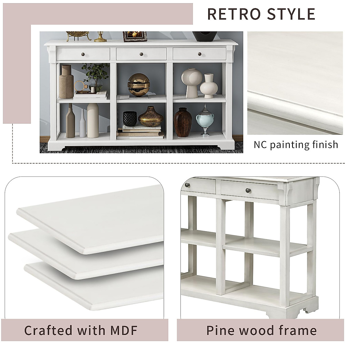 Merax Console Table/Sideboard with Ample Storage, Open Shelves and Drawers for Living Room, Antique White