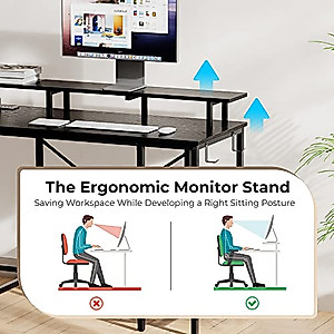 PRAISUN L Shaped Computer Desk with Power Outlets & LED Lights, Corner Gaming Desk with Fabric Storage Bag, Monitor Shelves, Home Office Desk with Hooks, Host Shelf, L Shape Gaming Desk, Black