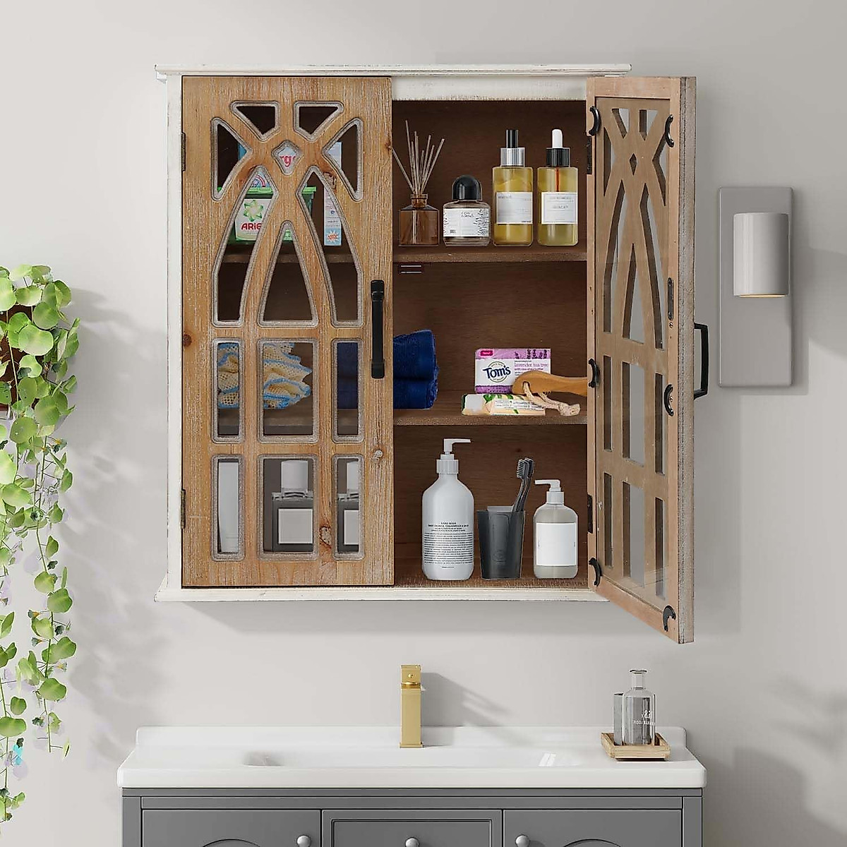 Haigopa Double Door Wall Mounted Cabinet - Rustic Wood Bathroom Storage with Glass Insert, Farmhouse Style Vintage Hanging Cabinet, Fully Assembled