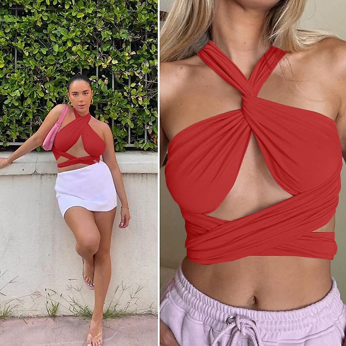 ZAFUL Sexy Halter Crop Top - Ribbed, Ruched Lace-up, V-Neck, Criss Cross Back Tank