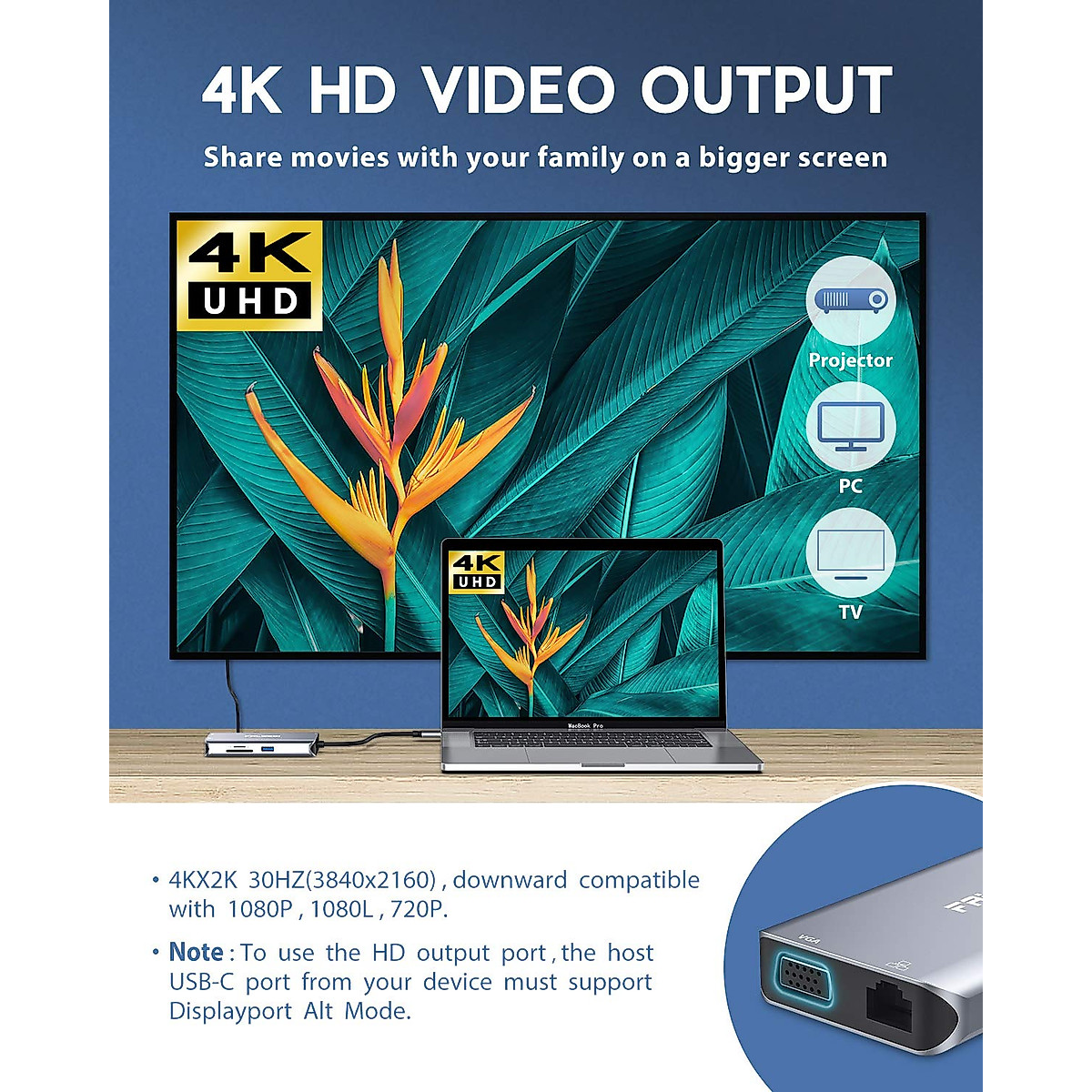 USB C Hub, Type C Adapter, Falwedi 10-in-1 Dongle with Ethernet, 4K@30Hz HDMI, VGA, 3 USB3.0, SD/TF Card Reader, Audio, USB-C PD 3.0, Compatible for MacBook Air Pro and Other Type C Laptops