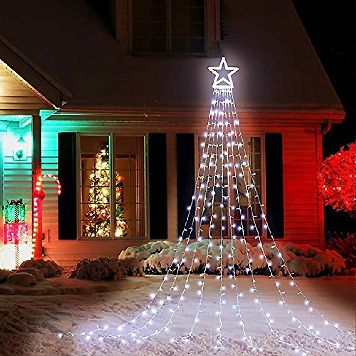 Okura (New) Cerflyer Christmas Decoration Outdoor Star String Lights, 320 LED Christmas Tree Topper Lights with 14" Lighted Star for Halloween Christmas New Year Holiday Garden Yard (White)