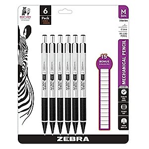 Zebra M-301 Stainless Steel Mechanical Pencil 0.5 mm Point Size, 6 Pack with 15 Bonus Erasers Refills - Standard HB Lead - Professional Black Grip