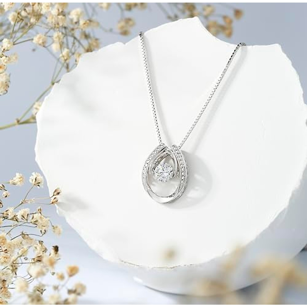 ARINZA Silver Necklace for Women, Dancing Diamond Cubic Zirconia Necklace, 18+2 Inch Chain, Anniversary Birthday Gifts for Women, Wife, Mom, Girlfriend, Lady