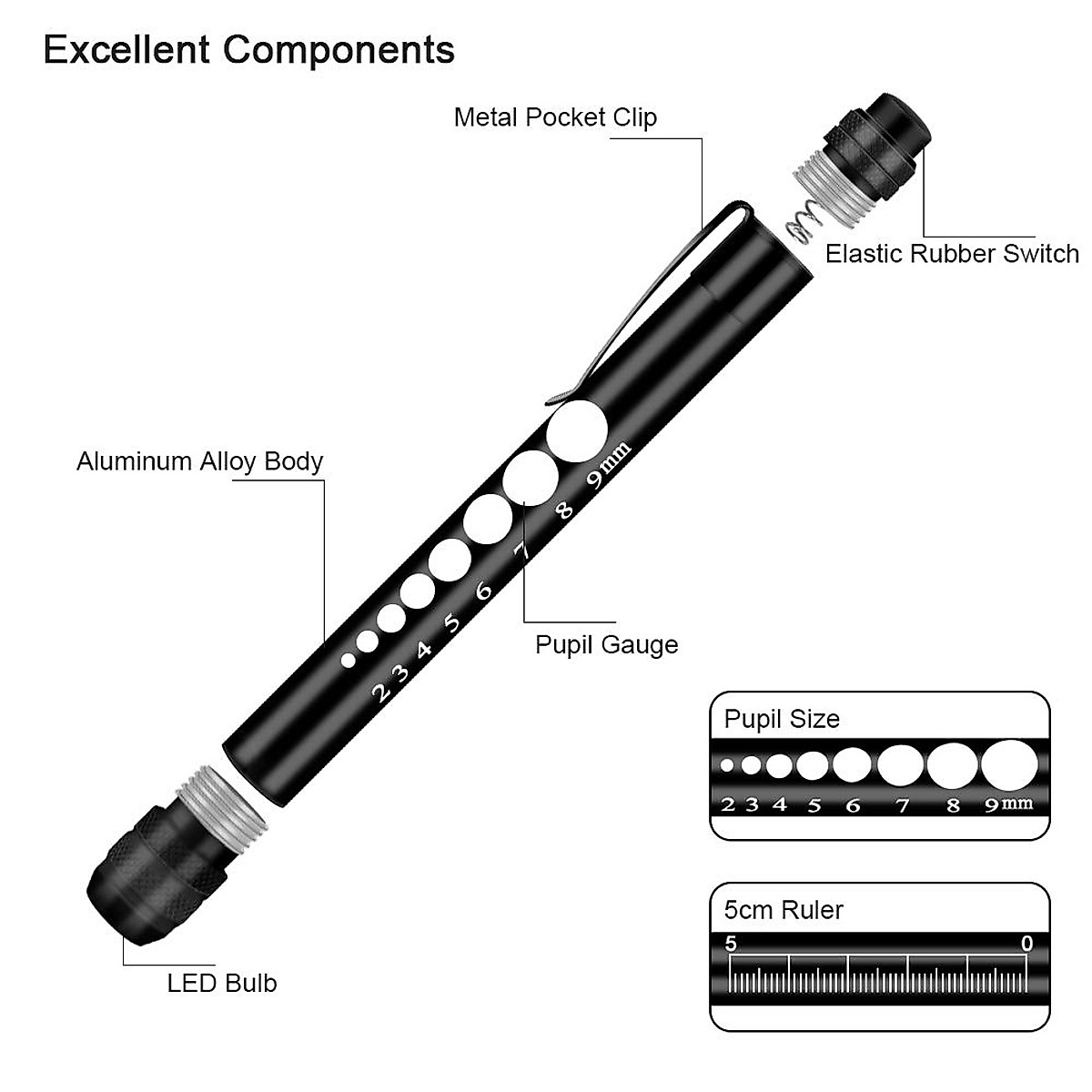 Pen Light, Phileex Medical Pen Light Nurse Pen Lights with Pupil Gauge for Nurses Nursing Students Doctors 2pcs Black with Batteries