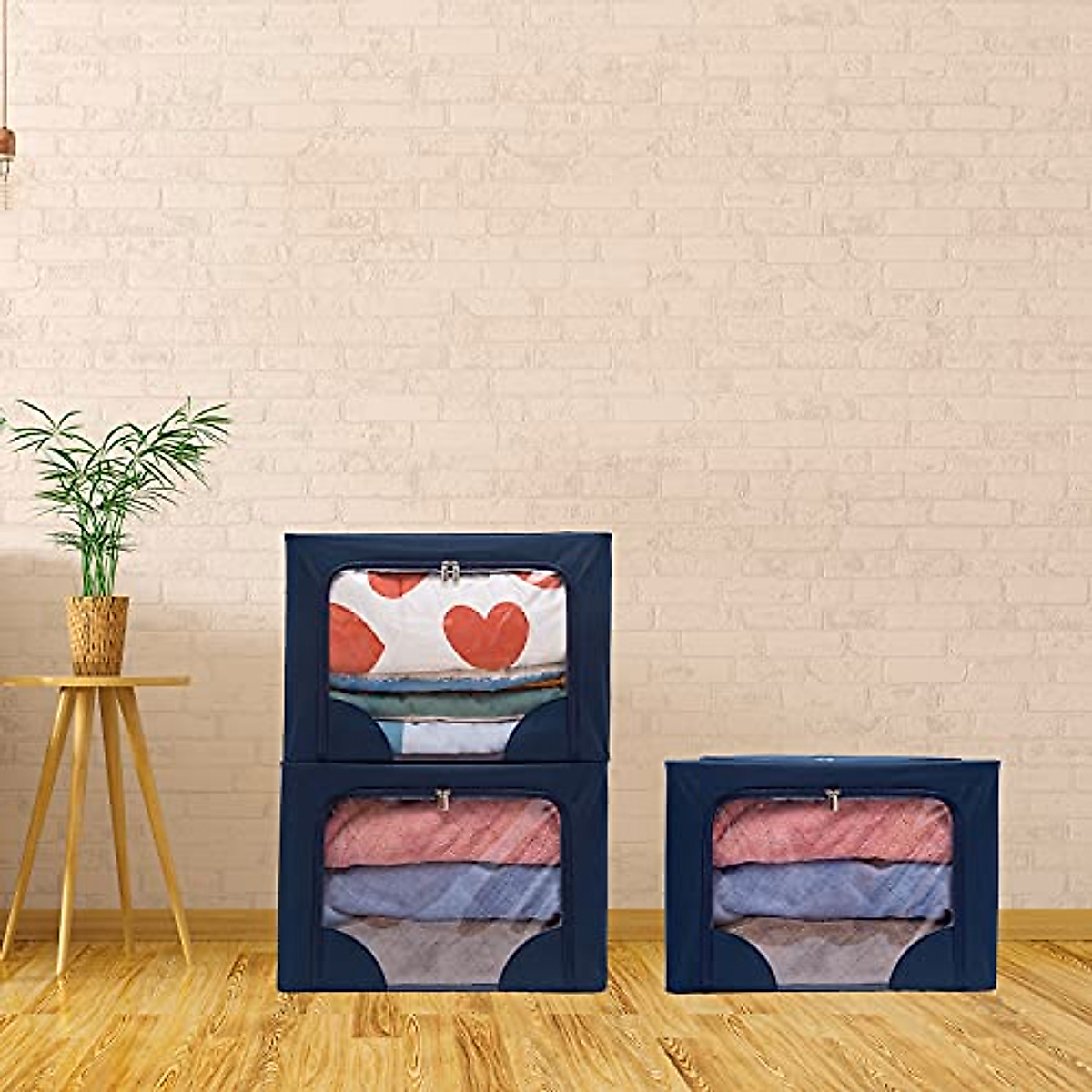 Tasmegol 2 Pack 72L Stackable Steel Metal Frame Clothes Storage Bins Foldable Zipper Cloth Box Oxford Fabric Clothing Bags Large Clear Window Closet Containers Organizer for Bedding Sweater