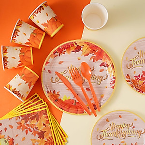 Grencian 175Pcs Thanksgiving Paper Plates and Napkins Set Thanksgiving Party Supplies Happy Thanksgiving Fall Leaves Disposable Dinnerware Set for Thanksgiving Theme Party, Serves 25