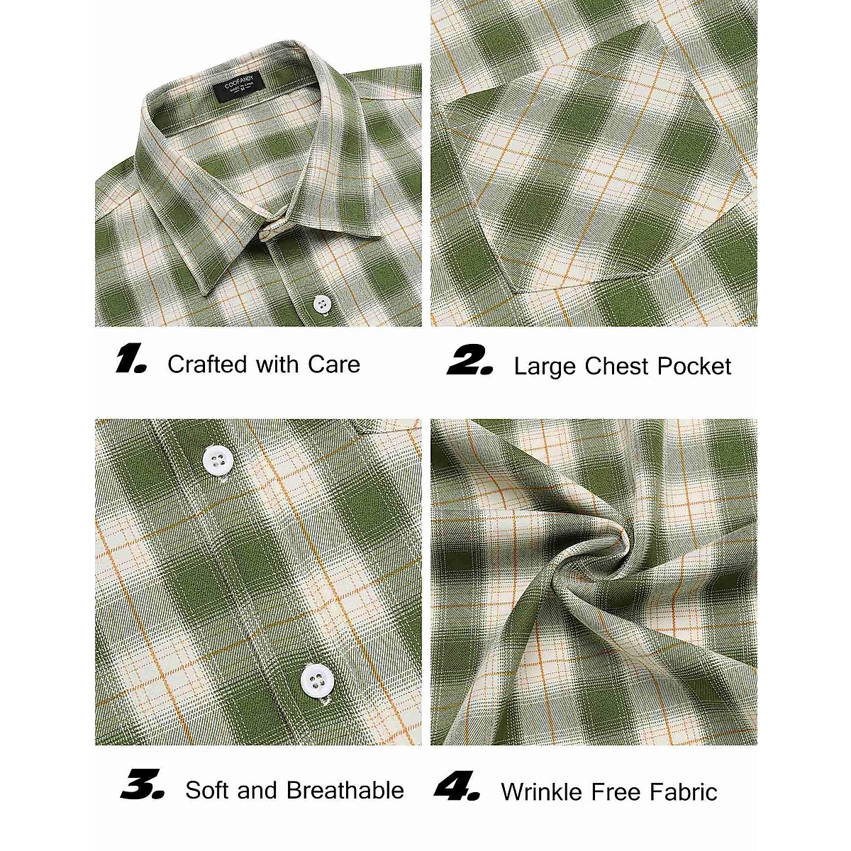 COOFANDY Men's Short Sleeve Plaid Dress Shirt Classic Fit Wrinkle-Free Casual Button Down Checked Shirts with Pocket Green, Large