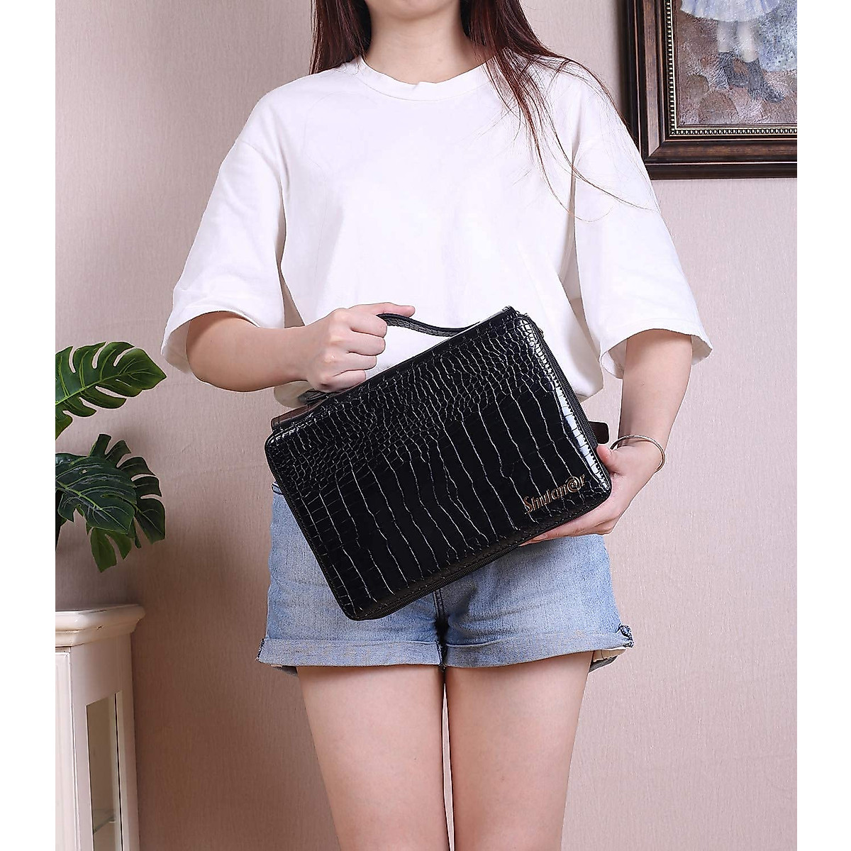 Shulaner 250 Slots Colored Pencil Case Organizer with Zipper PU Leather Large Capacity Pen Holder Bag for Artist Croco Black