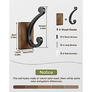Josmimic Wall Hooks for Hanging Towel - Black Rustic Wood Coat Hook,4 Pack Hooks Wall Mounted for Towel, Coat, Cloth, Purse, Hat, Key, Decorative Bathroom Shower Kitchen