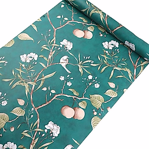 HOYOYO Peach Tree Peel and Stick Shelf Liner Paper, Green Background White Flowers Bird Self-Adhesive Liner Drawer Cabinets Door Surface Living Room Wall Art Decor 17.8 x 118 inch