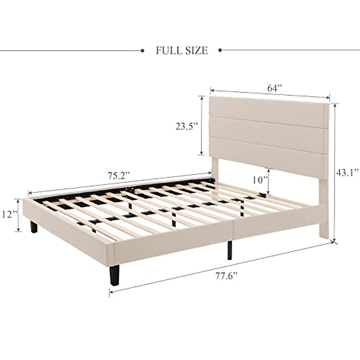 Benevika Full Size Upholstered Platform Bed Frame with Linen Fabric Simple Style Headboard and Wooden Slats Support, Upholstered Mattress Foundation, No Box Spring Needed, Easy Assembly, Beige