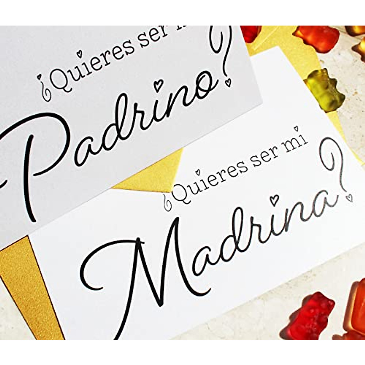 Spanish Will you be my Godparents Cards (Madrina & Padrino) - Godmother & Godfather Proposals in Black-and-White Lettering, with Golden Shimmer Envelopes (Set of 2 cards) (Madrina & Padrino)