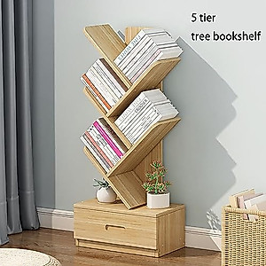 VERAMY 5 Tier Tree Bookshelf with Drawer Floor Standing Bookcase Storage Rack Organizer Shelves Large Capacity Bookshelf Corner Bookshelf for Living Room Bedroom Home Office
