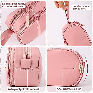 iSuperb 2 Compartments Pencil Case Zippered Pencil Pouch With Handle Big Large Capaciy Aesthetic Organizer Canvas & Nylon Pen Bag Handbag for Travel Office Stationary (Pink)