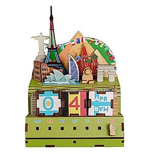 Tonecheer 3D DIY Wooden Yearly Calender, Creative Desk Calender, 3D Puzzle Decorative Calendar, Small Desk Calendar, Table Calendar (World Culture Calendar)