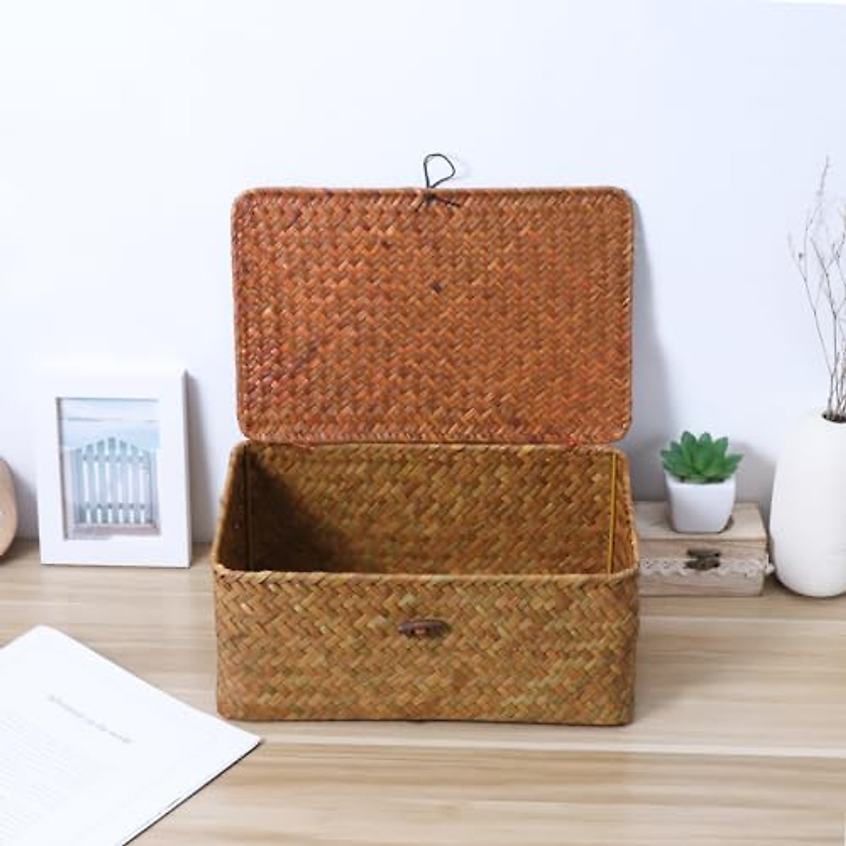 Vosarea Rattan Storage Basket,11 inch,Straw Seaweed Basket,Hand-Woven Storage Basket Multipurpose Container with Lid for Desktop Home Decoration Size L