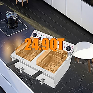 ROVSUN 24.9QT/ 23.6L Electric Deep Fryer w/Frying Baskets Timer Drains & Lids, Dual Tank Kitchen Countertop Commercial Frying Machine, Adjustable Temperature, 3400W 110V 60HZ