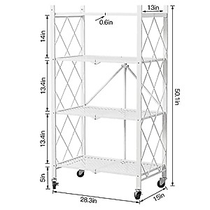 VOLPONE Metal Storage Shelves with Wheels Foldable Garage Shelving No Assembly Shelving Unit for Kitchen Bathroom White 4 Tier