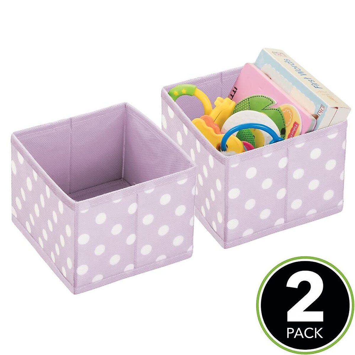 mDesign Soft Fabric Polka Dot Dresser Drawer and Closet Storage Organizer, Bin for Child/Kids Room, Nursery, Playroom, Bedroom, 2 Pack - Light Purple/White