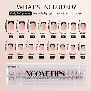BTArtboxnails XCOATTIPS French Tip Nails - 160pcs Short Square Black French Tip Press on Nails, French Tip Gel Nails Fake Acrylic Nail Tips for DIY Valentines Day Gift Nail Art