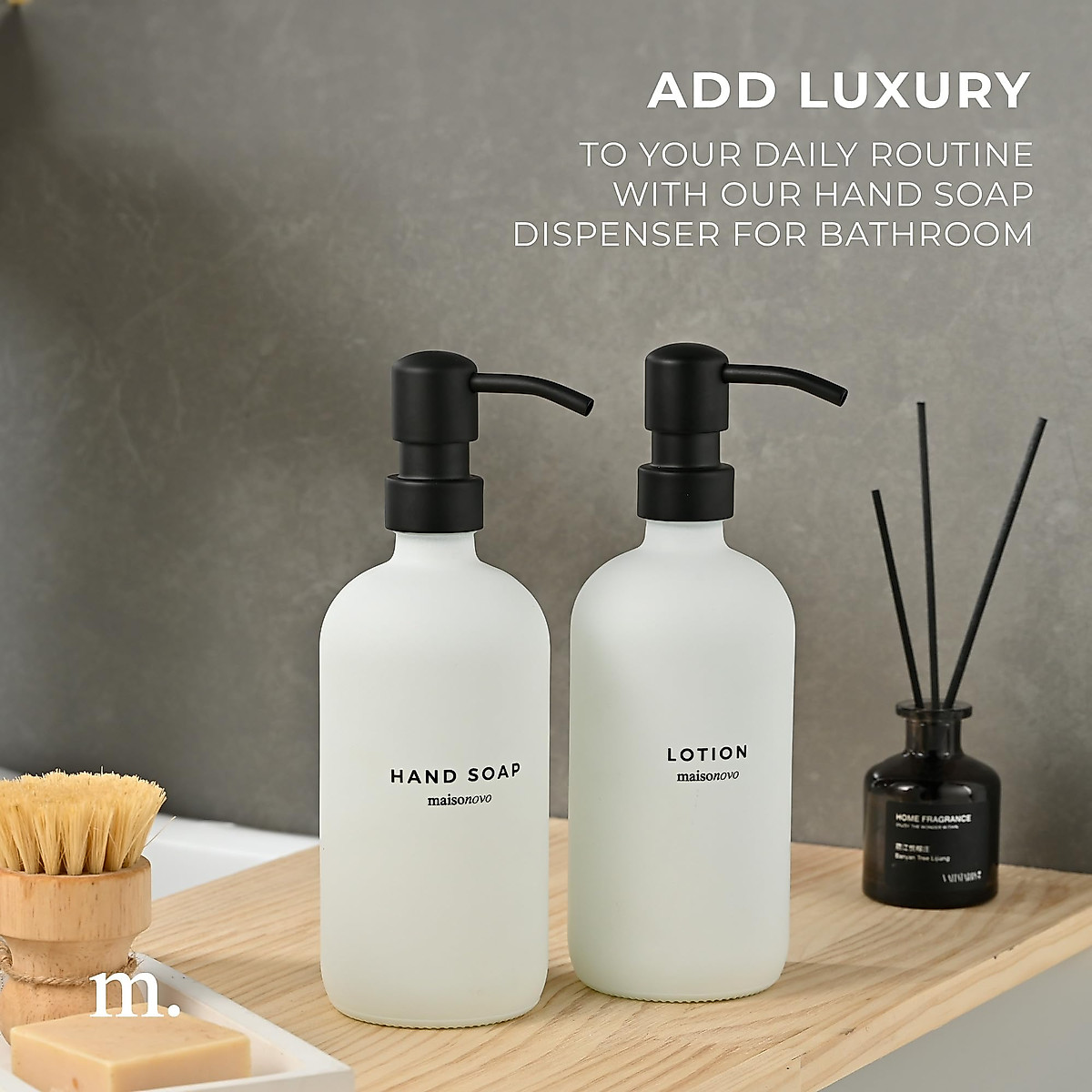 MaisoNovo Bathroom Soap and Lotion Dispenser Set - White Glass Black Pumps x 2-4 Mixed Pack Foaming Hand Soap Refill Tablets