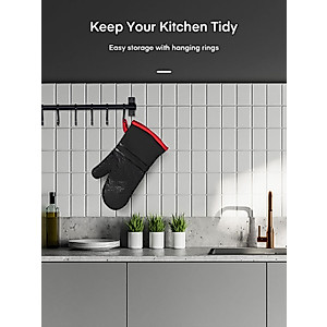 Oven Mitts, Heat Resistant Kitchen Oven Gloves 572°F, Non-Slip Silicone Surface, Extra Long Flexible Thick Mitts for Kitchen, Cooking, Baking, BBQ, Black