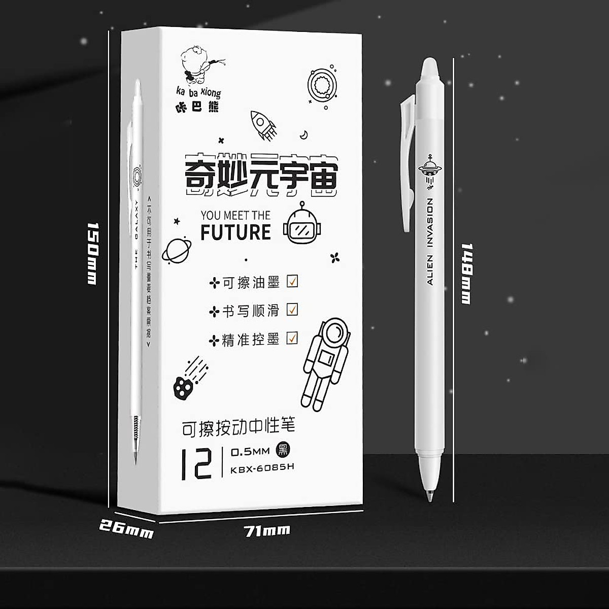 DRMAVI Cute Erasable Pens black,Gel Pens Erasable,Retractable Astronaut Pen with Eraser,Fine Point 0.5mm,White Barrel,Smooth Writing Pens for Note Taking,Journal,Planners (Blue ink)