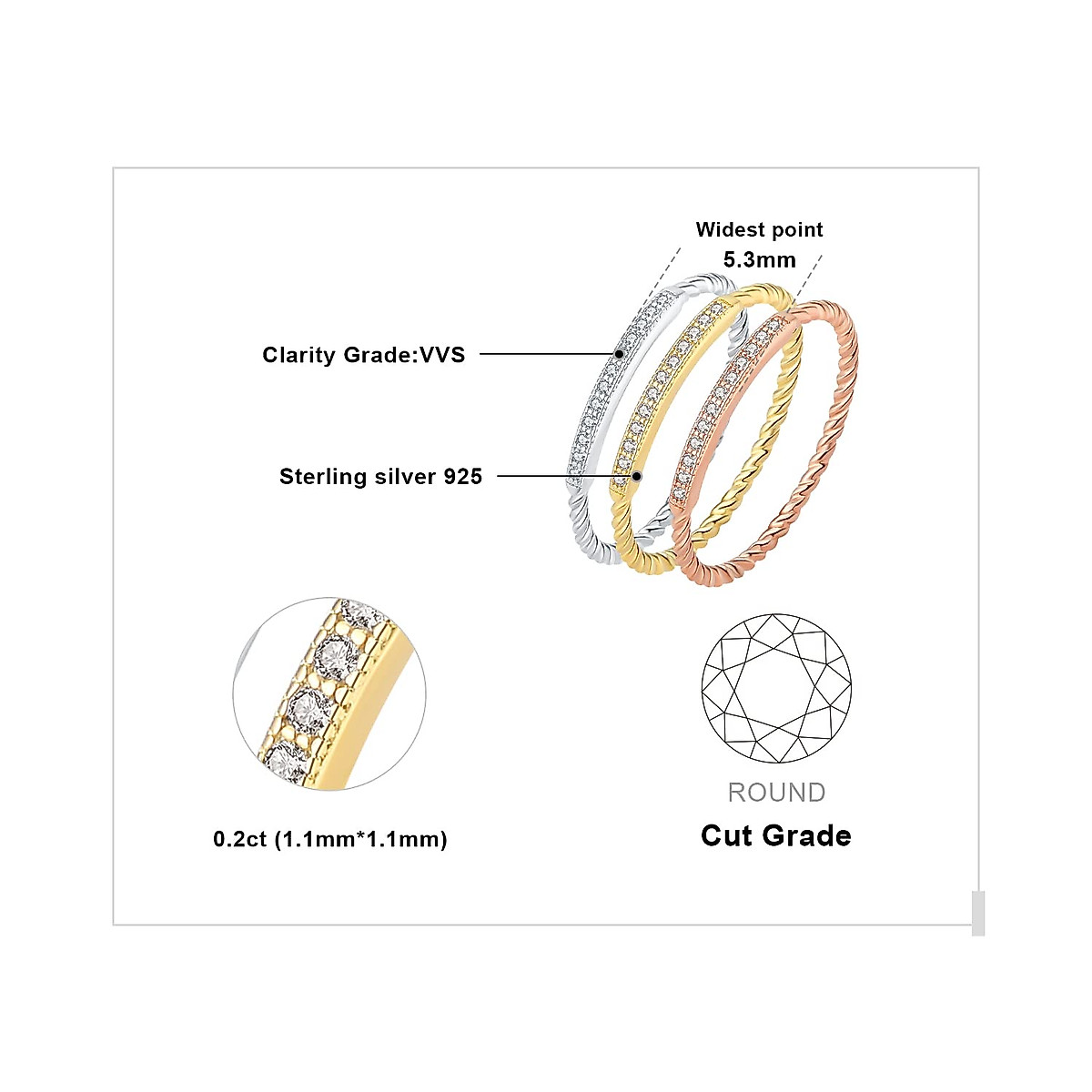 JewelryPalace 14K Yellow Rose Gold Plated 925 Sterling Silver Ring Sets, Twisted Rope Bar Cubic Zirconia Promise Rings for Her, 3pcs Simulated Diamond CZ Stackable Ring Eternity Bands for Women 10