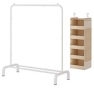 JIUYOTREE Metal Clothing Rack with Hanging Closet Organizer, 43.3 Inches Clothes Garment Coat Rack with Bottom Shelf, Clothing Rack for Hanging Clothes, Coats, Skirts, Shirts, Sweaters, White