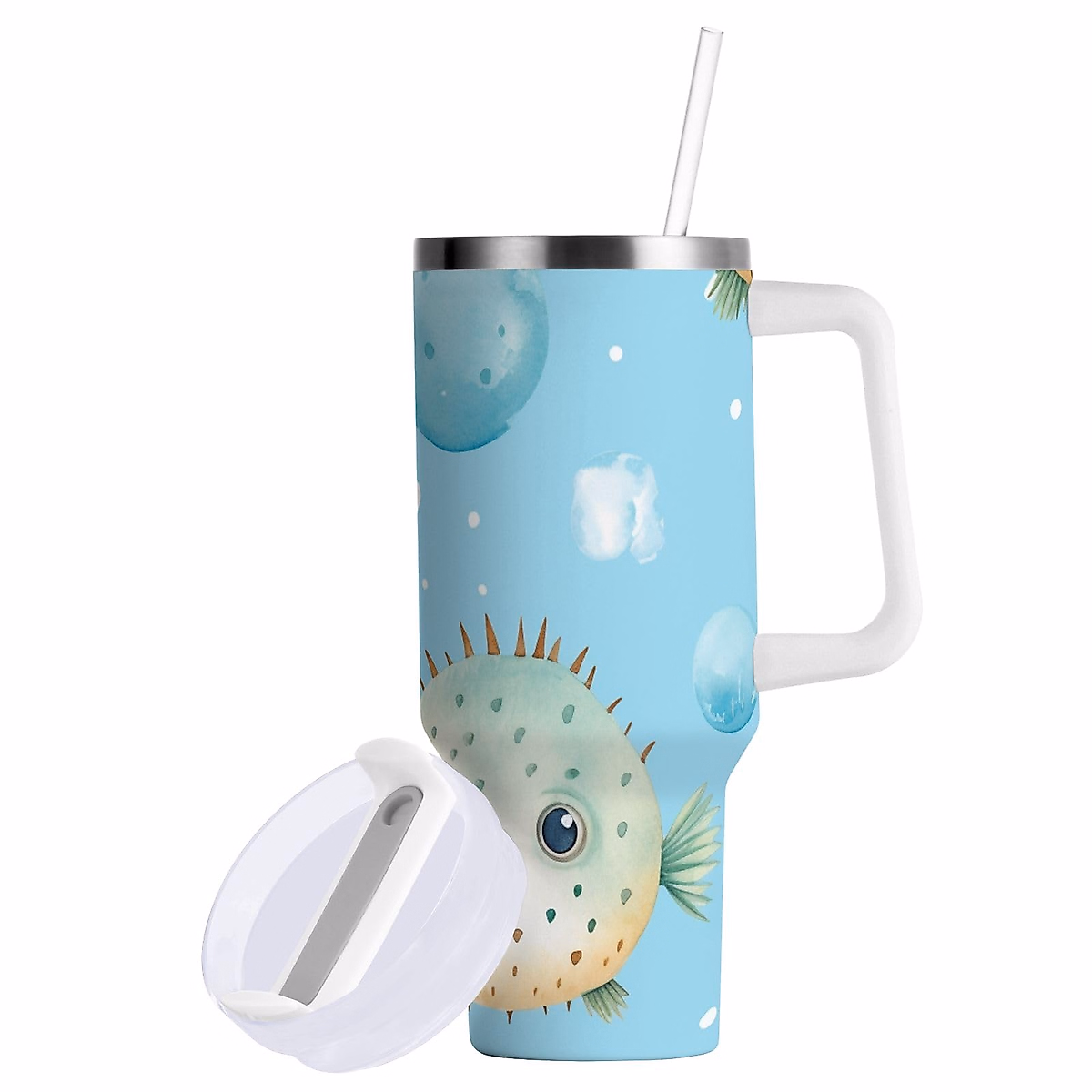 40 oz Cute Pufferfish Insulated Tumbler with Handle, Stainless Steel Vacuum Water Bottles with Lid and Straw for Water, Iced Tea or Coffee