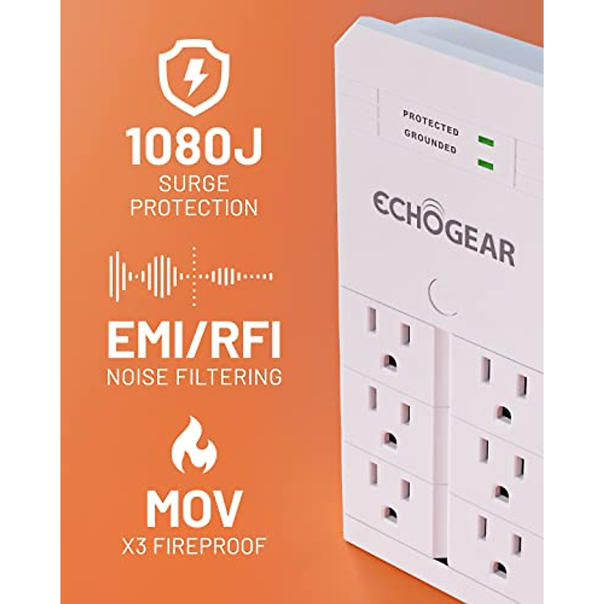 ECHOGEAR On-Wall Surge Protector with 6 Pivoting AC Outlets & 1080 Joules of Surge Protection - Low Profile Design Installs Over Existing Outlets to Protect Your Gear (White)