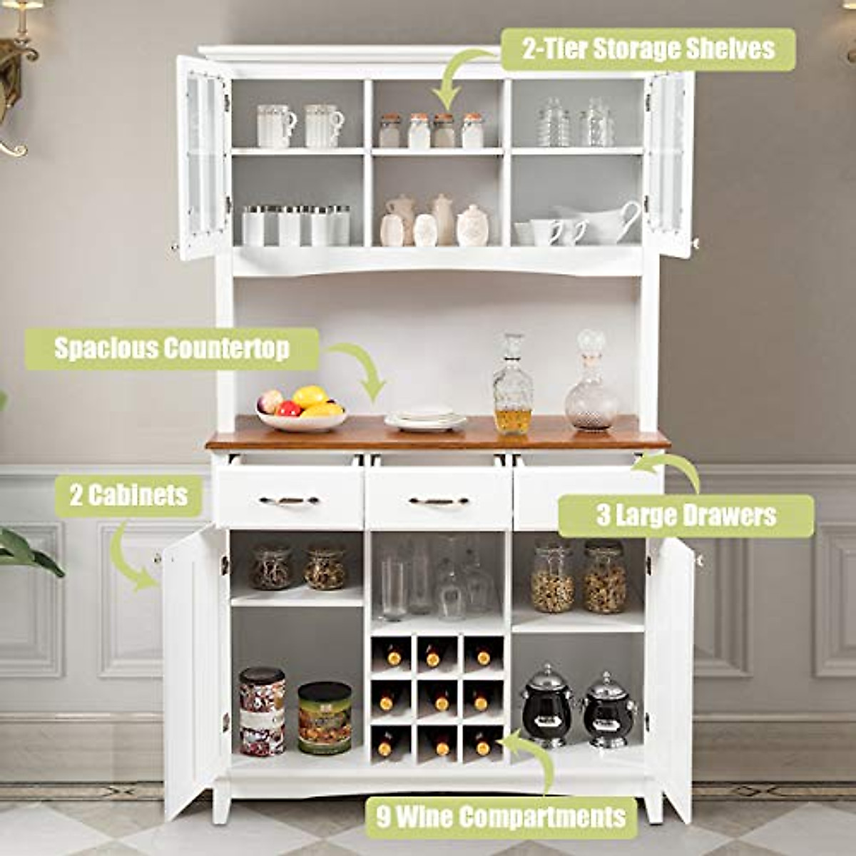 Giantex Buffet Hutch Cabinet, Kitchen Hutch Sideboard, Buffet Cabinet on Storage Island, Wood Kitchenware Server with 3 Large Drawers and 9 Wine Bottle Modulars (White)