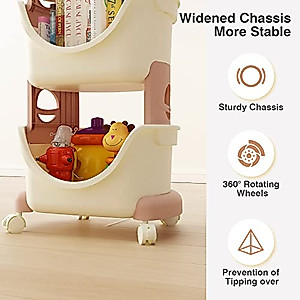 BanaSuper Kids Storage Cart with Wheels Spaceman Shape 3-Tier Rolling Bins for Toddler Dustproof Cover Children Toy Storage Organizer for Kids in Playroom Bedroom Nursery (Pink)