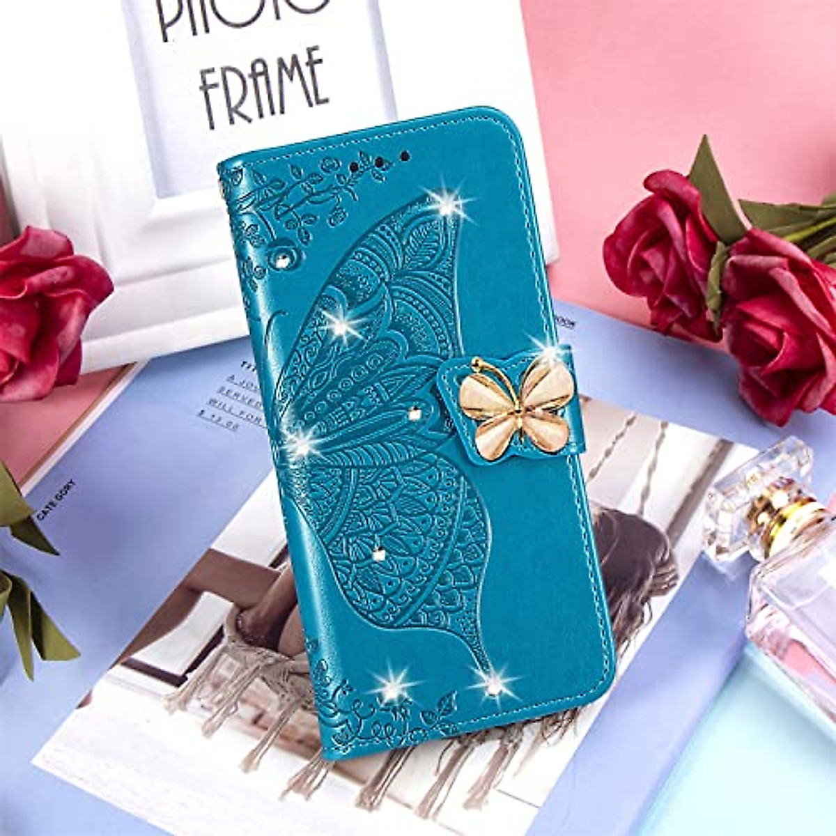 HUANGTAOLI PU Leather Wallet Flip Case for Oppo Reno8 5G, Wallet Case with Card Slots Stand Magnetic Closure Diamond Bling Phone Cover for Oppo Reno8 5G
