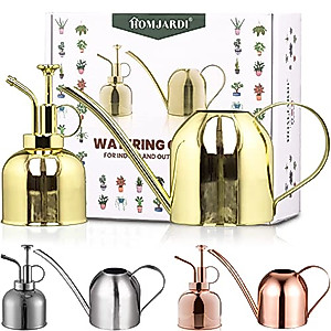 Indoor Watering Can Set - Bonus Mister Spray 10oz and Houseplants Book - 18 oz Gold Long Spout Watering Can for Indoor Plants - Small Vintage Watering Can - Modern Metal Water Cans