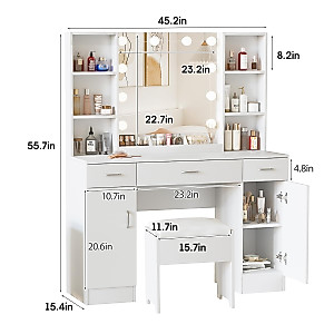 Vabches Vanity with Lighted Mirror, Large Vanity Desk Makeup Vanity Table Set with Comfortable Bench and Side Cabinets, Lots Storage, 45.2inch, White