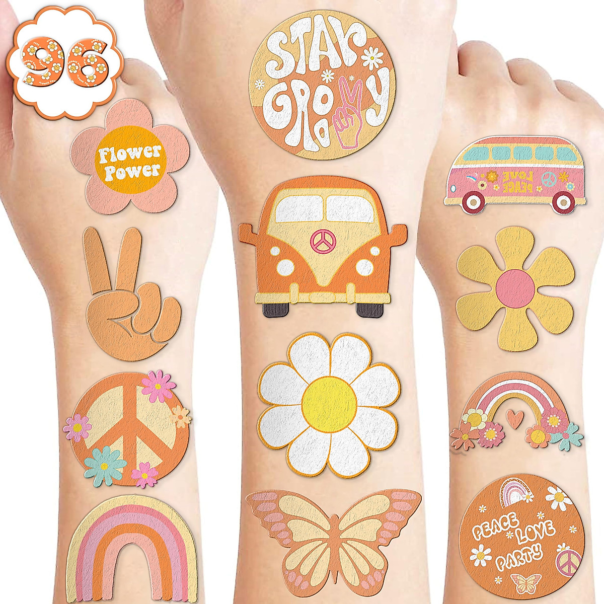 96PCS One Two Groovy 60s 70s Temporary Tattoos Birthday Theme Party Supplies Decorations Favors Decor Cute Retro Boho Hippie Rainbow Bus Tattoo Stickers Gifts for Kids Boys Girls Class Prizes Carnival