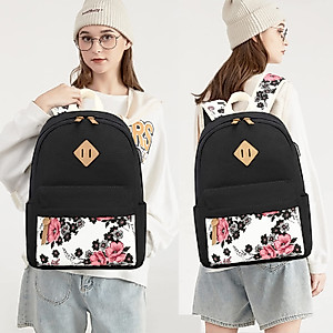 Natayoo Floral School Backpacks for Teen Girls Women with Lunch Bag and Pencil Bag, College Bookbag Water Resistant Laptop Backpack with USB Charging Port