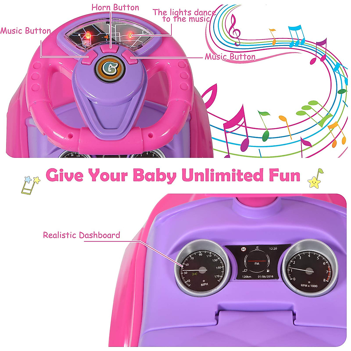 Costzon 3 in 1 Ride on Push Car, Stroller Sliding Walking Car with Horn, Music, Light, Under Seat Storage, Parental Handle, Armrest Guardrails, Ride on Toy for Boys & Girls (Pink)