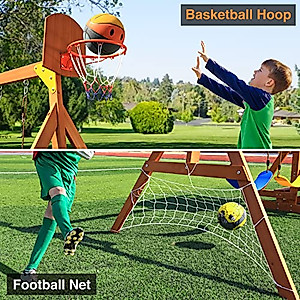 SuniBoxi Wooden Swing Set/Playset Made for Small Yards and Kids Toddlers Age 3-6, 6-in-1 Playground Set with Picnic Table Drawing Board Sandboxes Basketball Hoop Soccer Net