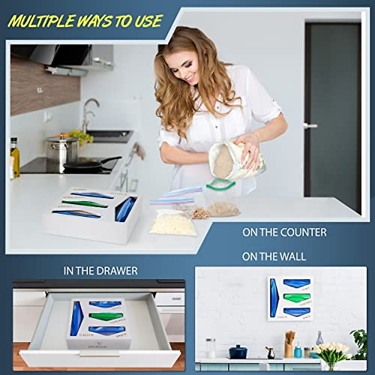 provoom Ziplock Bag Storage Organizer – Ziplock Organizer for Drawer with Grocery Bag Holder – Bamboo Baggie Organizer Compatible with Gallon, Sandwich, Snack, Quart Food Storage Bags(WHITE)